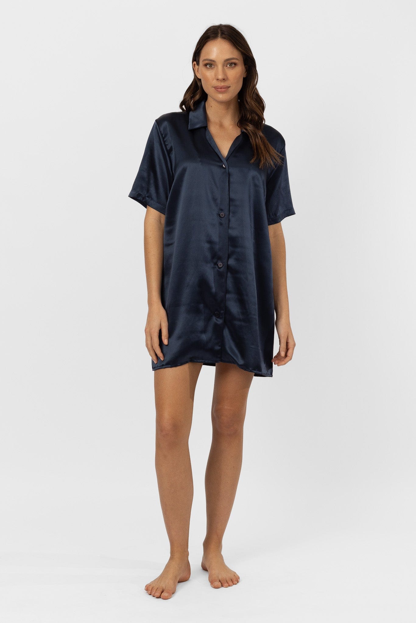 Lumiere Short Sleeve Shirt Dress | Navy Silk Dress | Reverie the Label ...